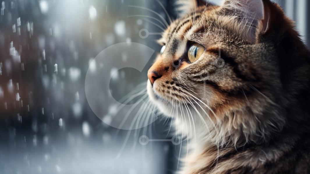 Cat Watching Raindrops on Window stock photo | Creative Fabrica