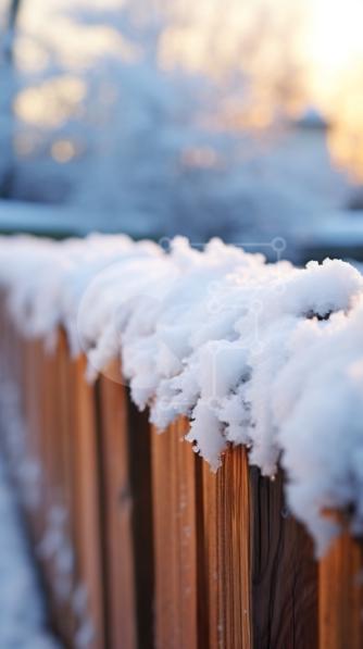 Winter Wonderland: Snow-covered Wooden Fence at Sunset stock photo ...