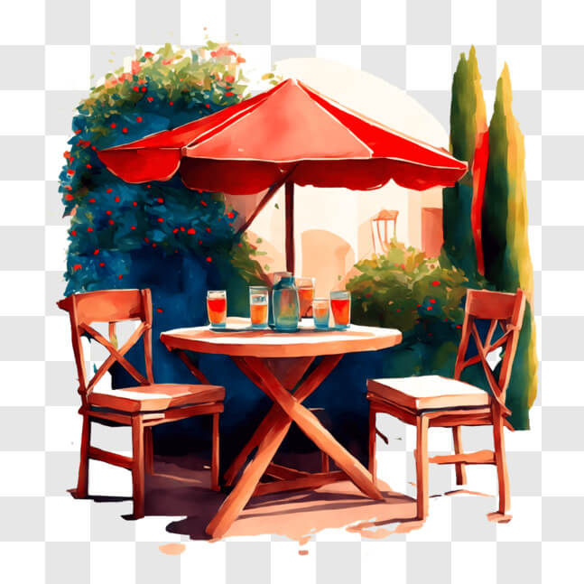 Download Outdoor Dining Table with Chairs and Umbrella in Garden PNGs ...