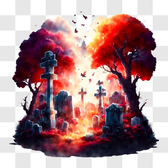 Download Somber Cemetery Scene with Headstones and Mausoleum PNG Online ...