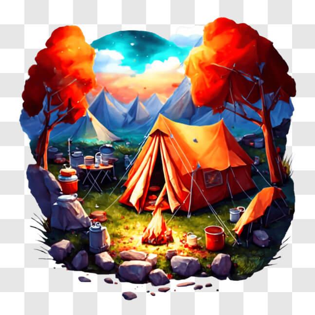 Download Campsite in a Forest with Tent, Campfire, and Trees PNGs ...