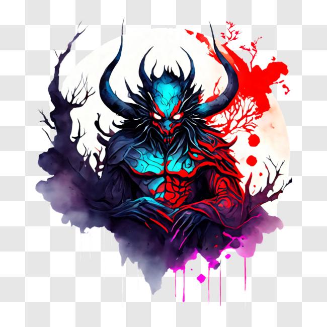 Download Abstract Demon Figure Standing in Front of Full Moon PNG ...