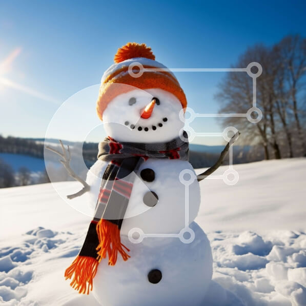 Download Snowman in a snowy field with blue sky and clouds Stockphotos ...