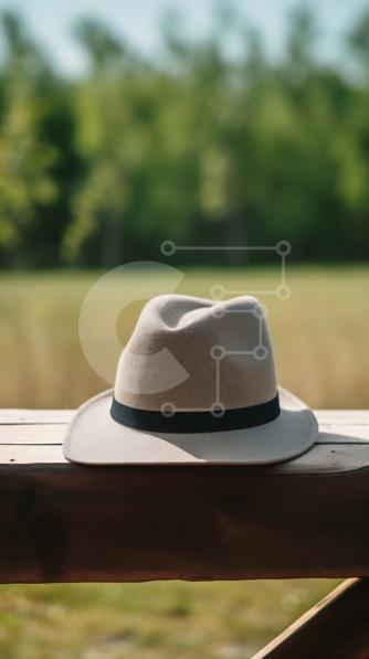 Fedora Hat on Wooden Bench in Park stock photo | Creative Fabrica