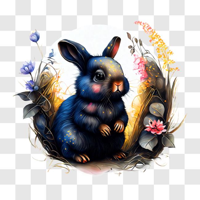 Download Cute Blue Rabbit Sitting in a Circle of Flowers and Leaves PNG ...
