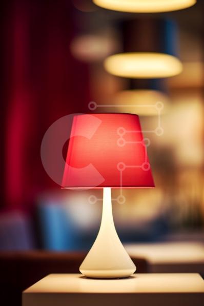 Red Lamp on White Table in Dimly Lit Room stock photo | Creative Fabrica