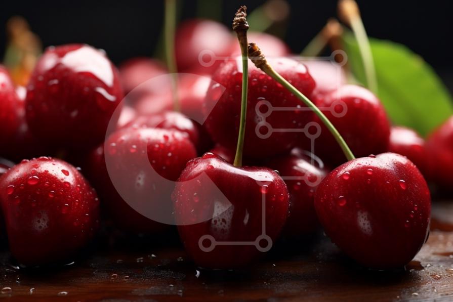Fresh Red Cherries with Water Droplets on a Dark Surface stock photo | Creative Fabrica