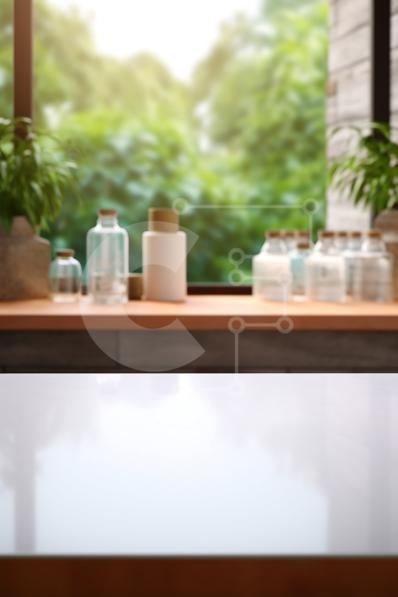 Kitchen Counter with Window View of Green Forest stock photo | Creative ...