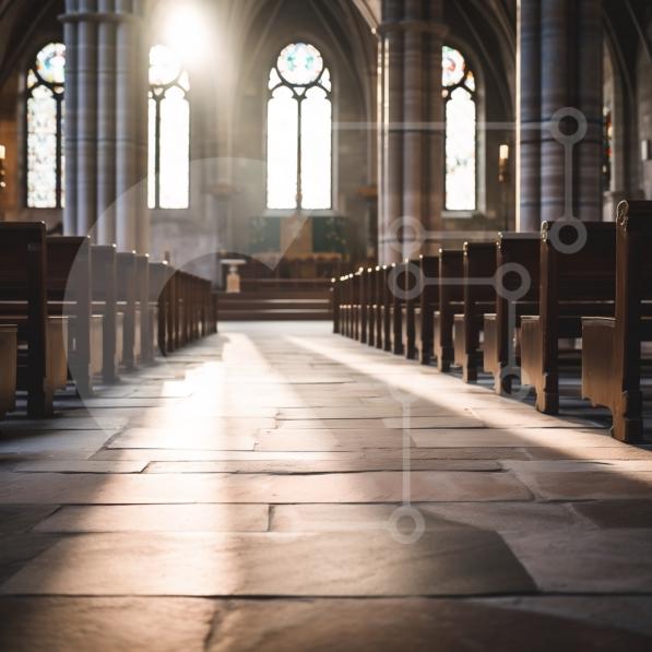 Interior of Church with Empty Wooden Pews and Sunbeam stock photo ...