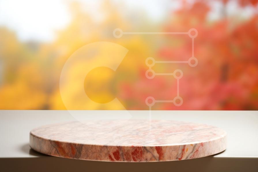 Reddish-Orange Marble Countertop with Autumn Foliage Background stock ...