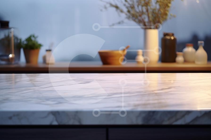 Elegant Marble Kitchen Countertop with City View stock photo | Creative ...