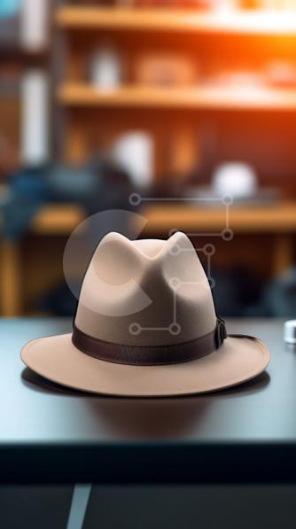 Brown Hat on Desk with Laptop and Office Items stock photo | Creative ...
