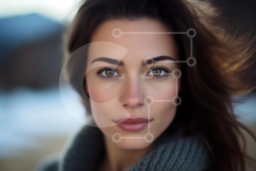 Serious Young Woman in Grey Sweater stock photo | Creative Fabrica