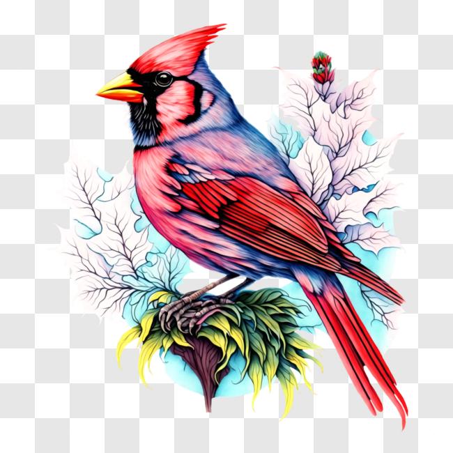 Download Colorful Cardinal Bird Perched on Branch with Leaves and ...