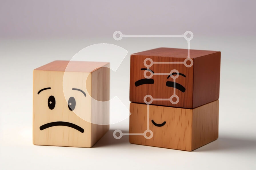 Wooden Blocks with Smiling and Sad Faces stock photo | Creative Fabrica