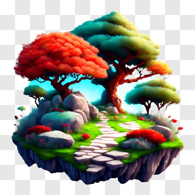 Download Beautiful Island with Colorful Trees and Waterfall PNG Online ...