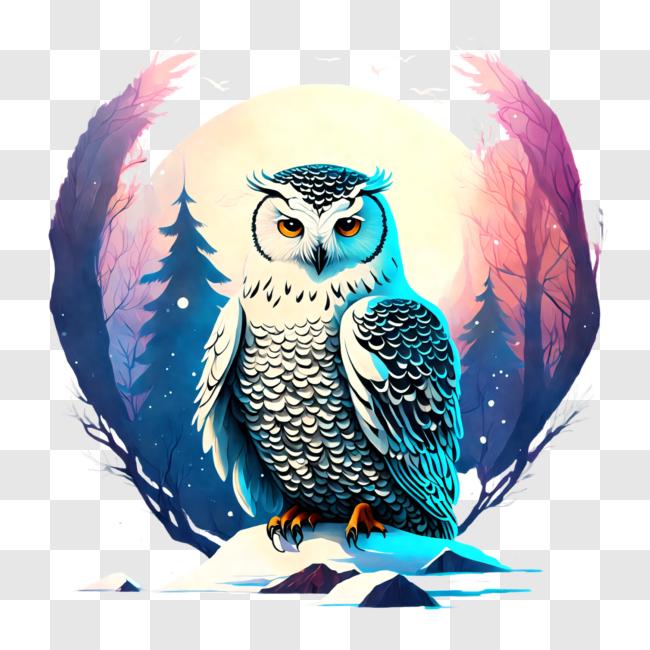 Download Snowy Owl Perched on Rock in Forest with Full Moon PNG Online ...