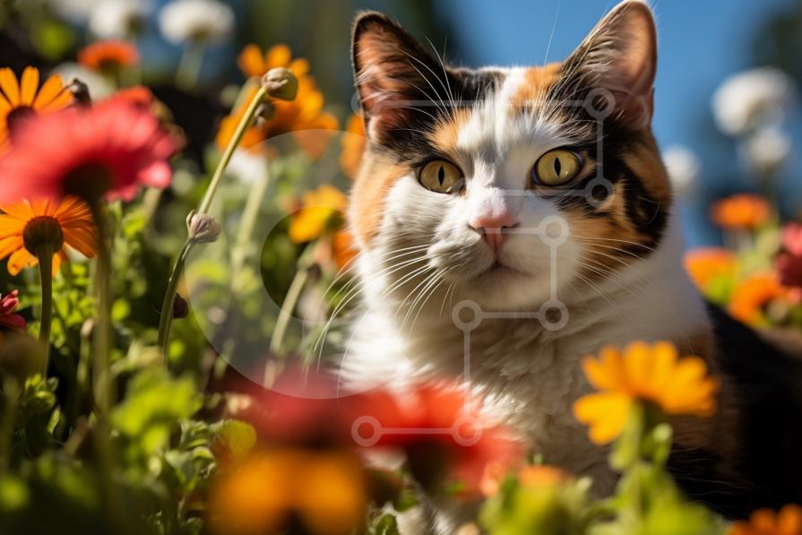 Calico Cat in a Colorful Flower Field stock photo | Creative Fabrica