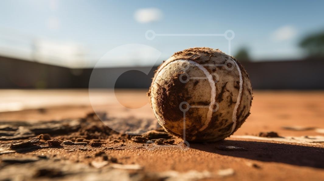 Tennis Ball on Dirt Court stock photo | Creative Fabrica