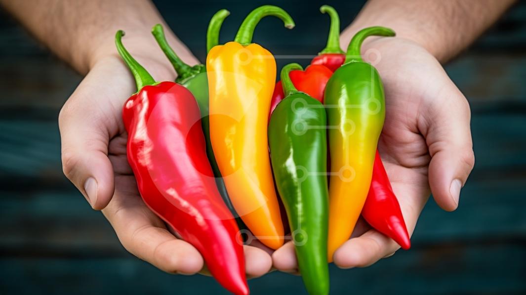 Colorful Chili Peppers in Hands stock photo | Creative Fabrica