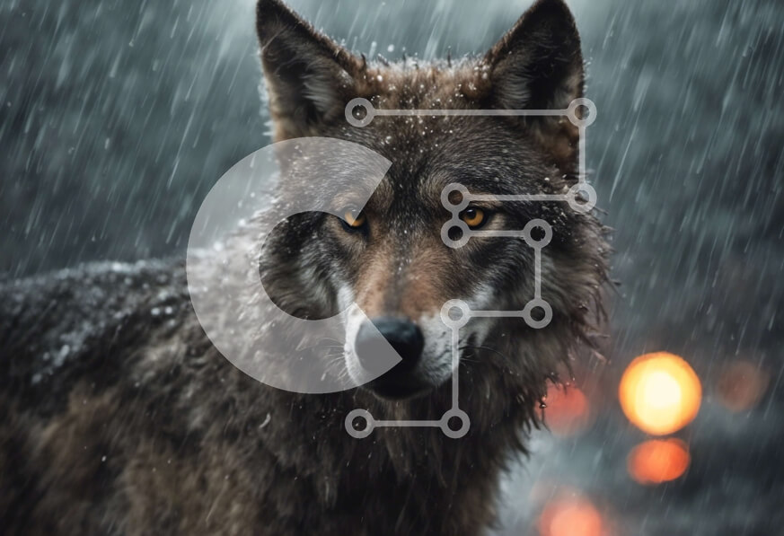 Intenso Lupo Grigio sotto la Pioggia foto stock | Creative Fabrica