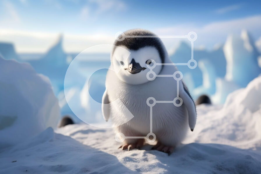 Cute Penguin on Snowy Surface with Icebergs in Background stock photo ...