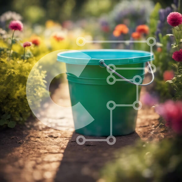 Download Green Bucket in a Garden with Colorful Flowers Stockphotos ...
