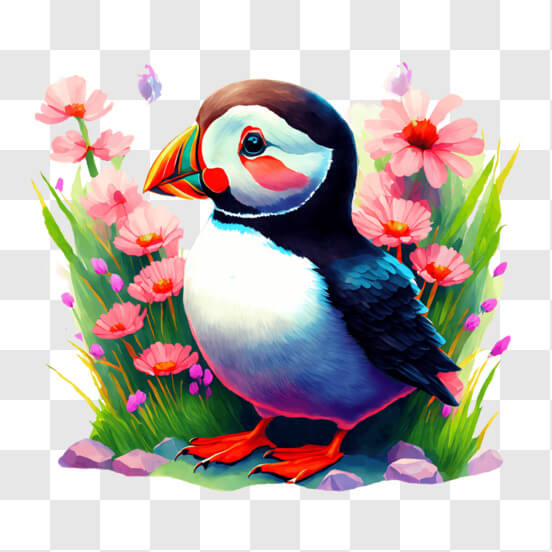 Download Puffin Bird on Rocky Shore with Pink Flowers PNGs Online ...