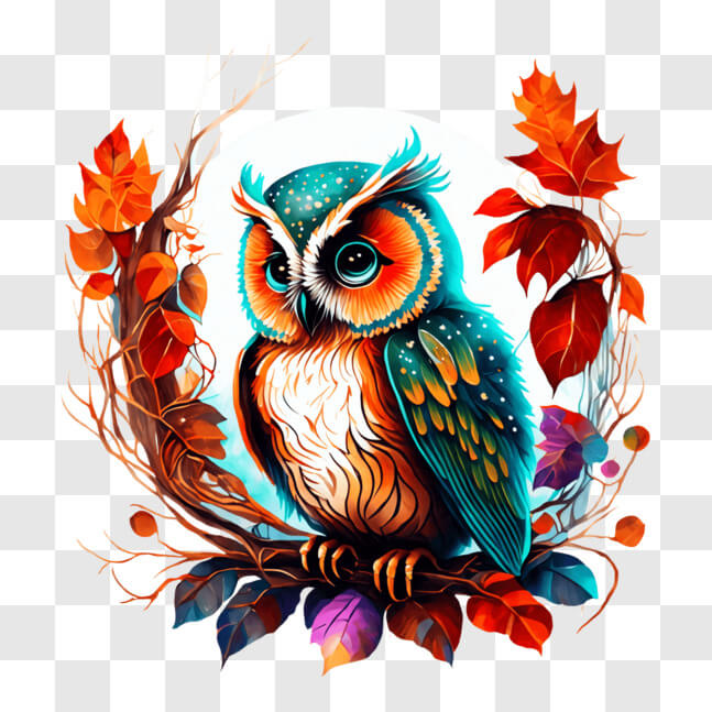 Download Colorful Owl Perched on Tree Branch with Fall Foliage PNGs ...