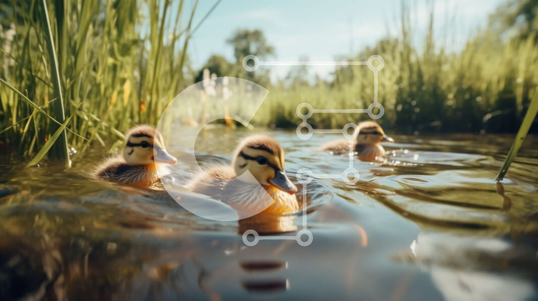 Download Three Baby Ducks Swimming in a Pond with Tall Reeds ...