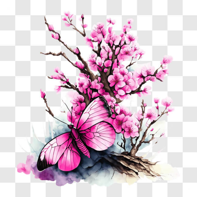 Download Pink Butterfly on Flowering Tree PNGs Online - Creative Fabrica