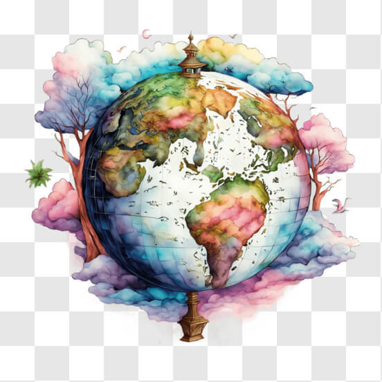 Download Watercolor painting of the earth with houses, trees, and ...