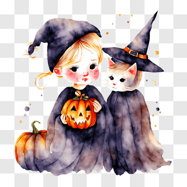 Download Watercolor Painting of Two Witches with an Orange Pumpkin PNGs ...