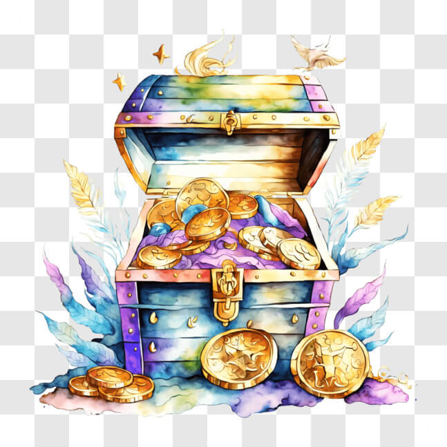 Download Watercolor painting of a treasure chest filled with gold coins ...