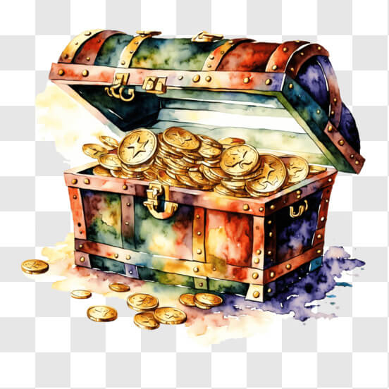 Download Watercolor painting of a treasure chest filled with gold coins ...