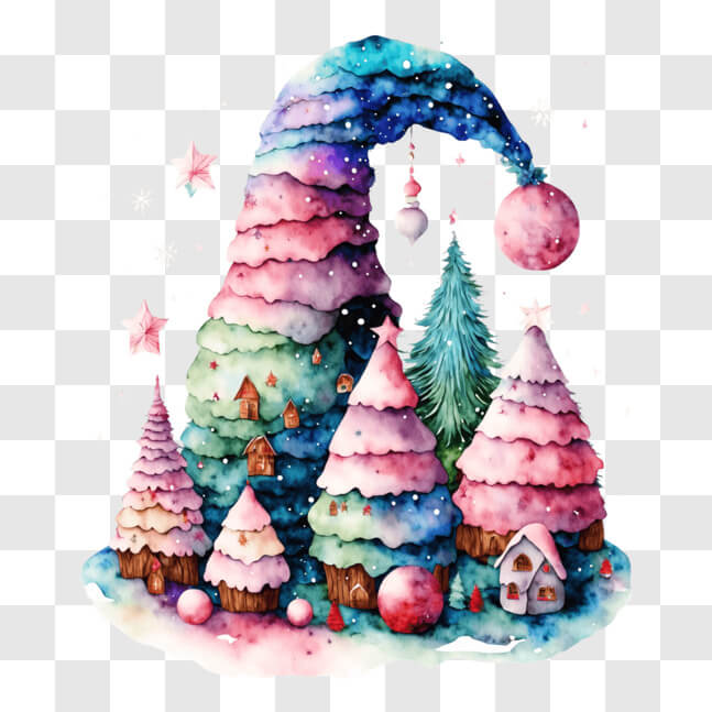 Download Watercolor Christmas Village with Colorful Trees and ...