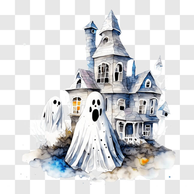 Download Watercolor painting of an old house with ghosts and bats PNGs ...