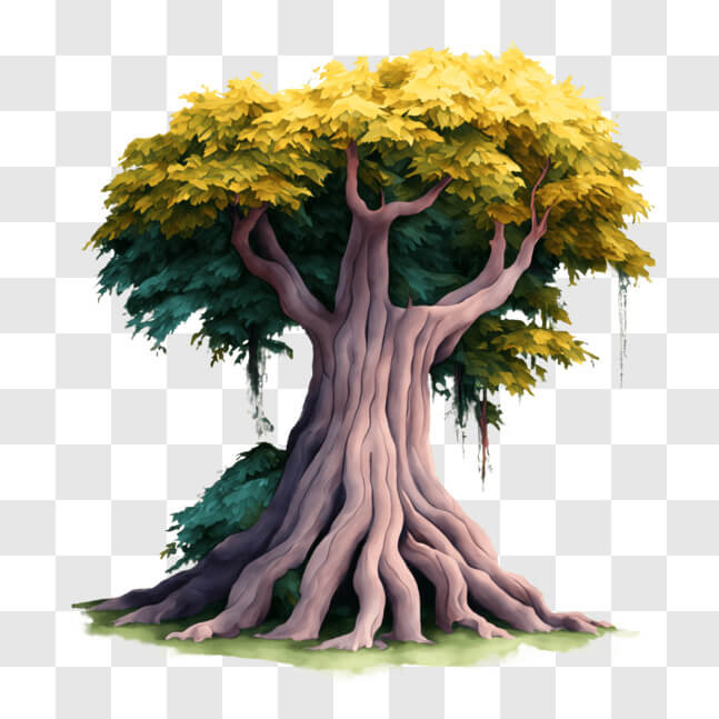 Download Cartoon Tree with Large Roots and Yellow Leaves in Forest PNGs ...