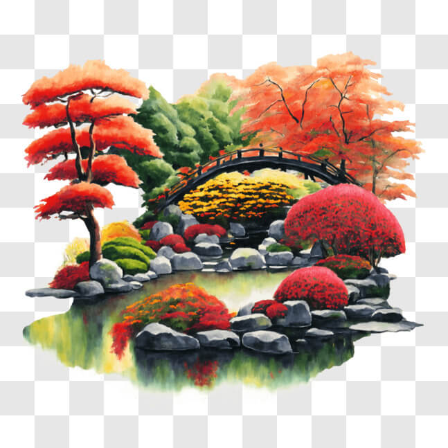 Download Japanese Garden with Colorful Trees and Bridge PNGs Online ...