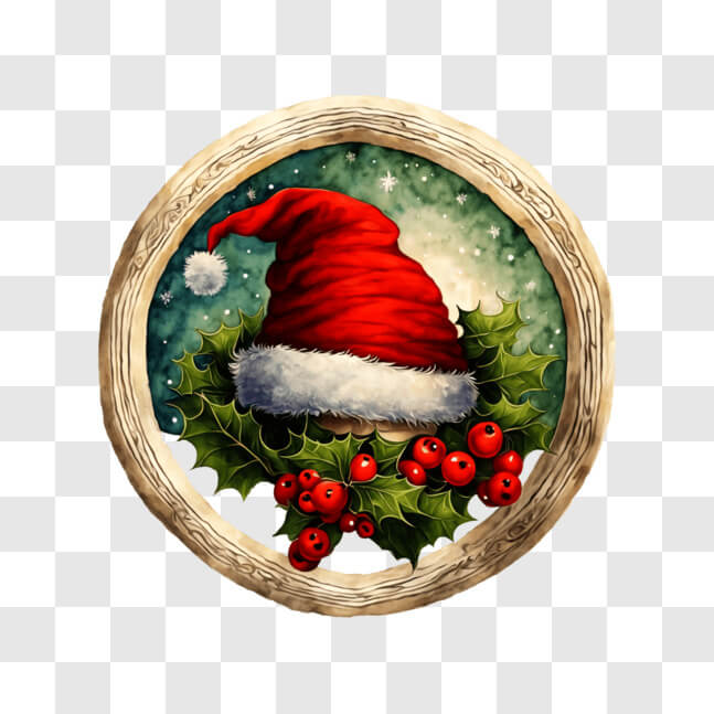 Download Round Christmas Frame with Holly Berries and Santa Hat PNGs ...