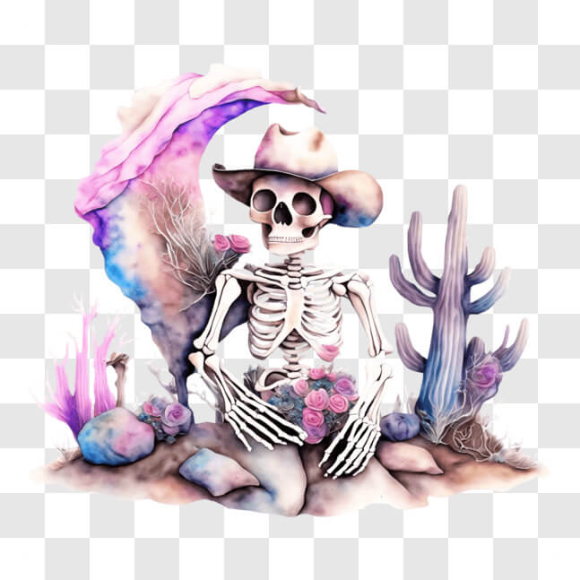 Download Skeleton in the Desert with Cactus Plants and Flowers PNGs ...