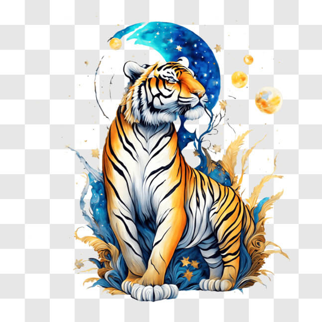 Download Tiger in front of the moon and stars with Leo zodiac sign PNGs Online - Creative Fabrica