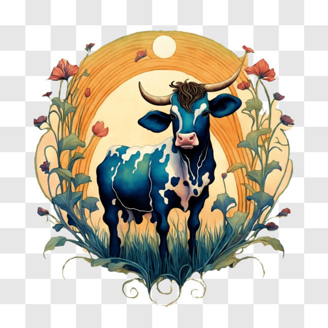 Download Blue Cow in a Field of Flowers and Grass PNGs Online ...