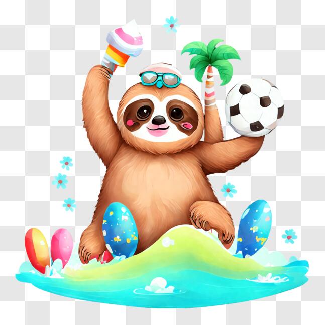 Download Adorable Sloth Enjoying Beach Time with Ice Cream and Soccer ...