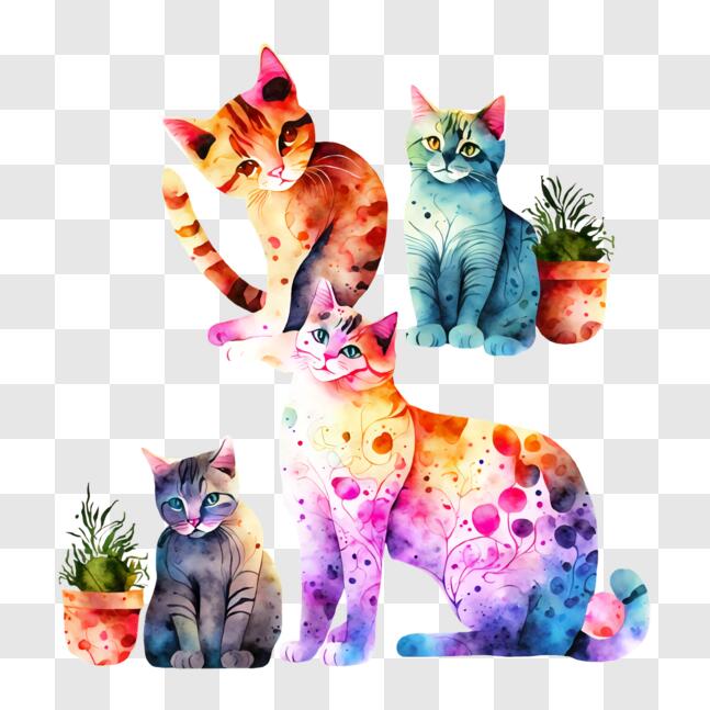 Download Group of Colorful Cats Playing in Front of Potted Plants PNGs ...