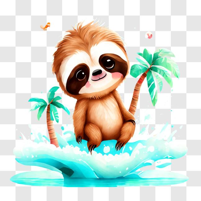 Download Cute Sloth on Ocean Wave with Palm Trees in the Background ...
