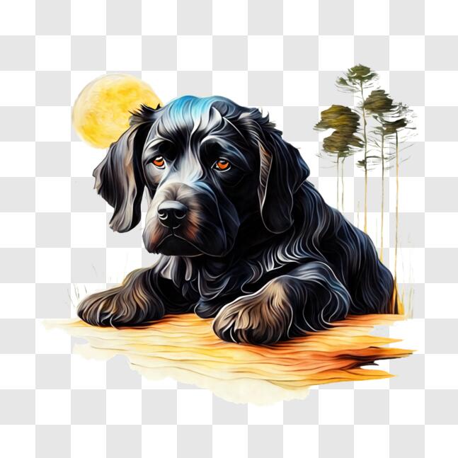 Download Black Dog Resting in Front of Trees with Full Moon PNGs Online ...