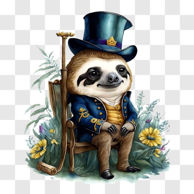 Download Sloth wearing top hat in grass with flowers PNGs Online ...