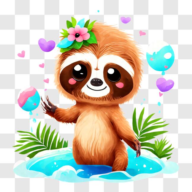 Download Cute Sloth with Balloons, Flowers, and Hearts PNGs Online ...