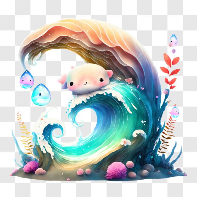 Download Cute Kawaii Bear on Ocean Wave with Fish and Sea Creatures ...